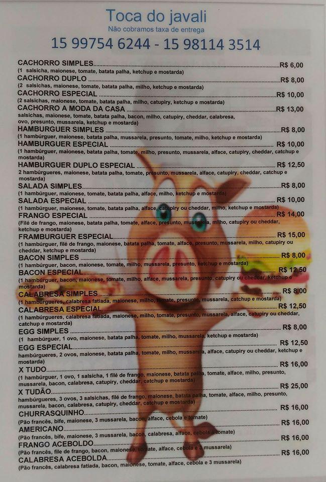 Menu em Toca do Javali, Tatuí