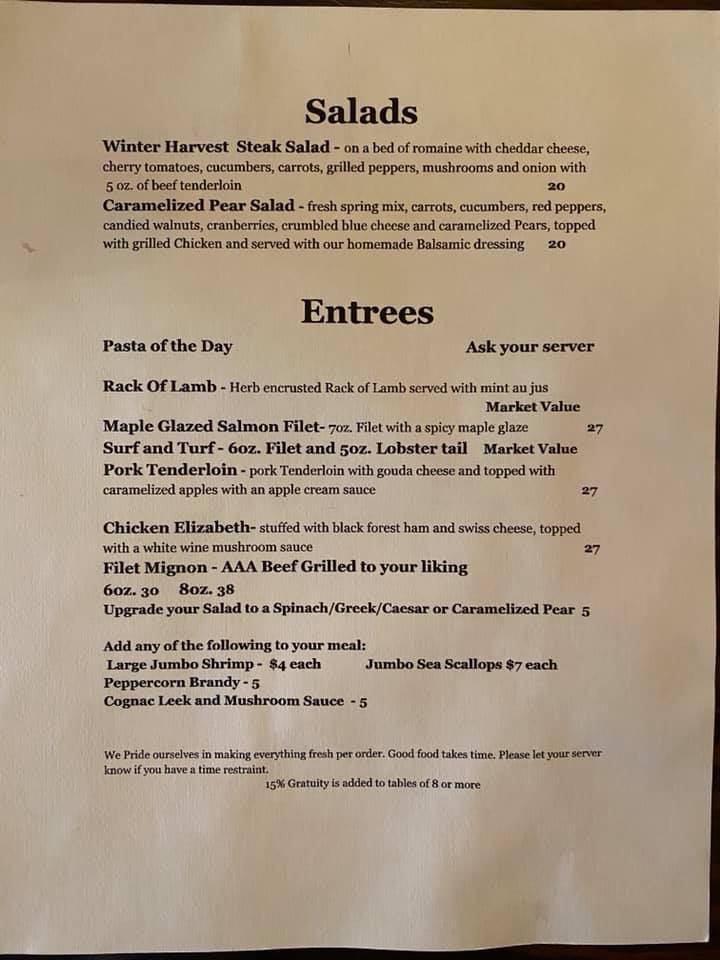 Menu at Zee's Bistro restaurant, Chatham-Kent