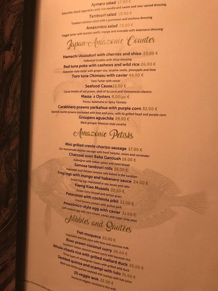 Menu at Amazónico restaurant, Madrid