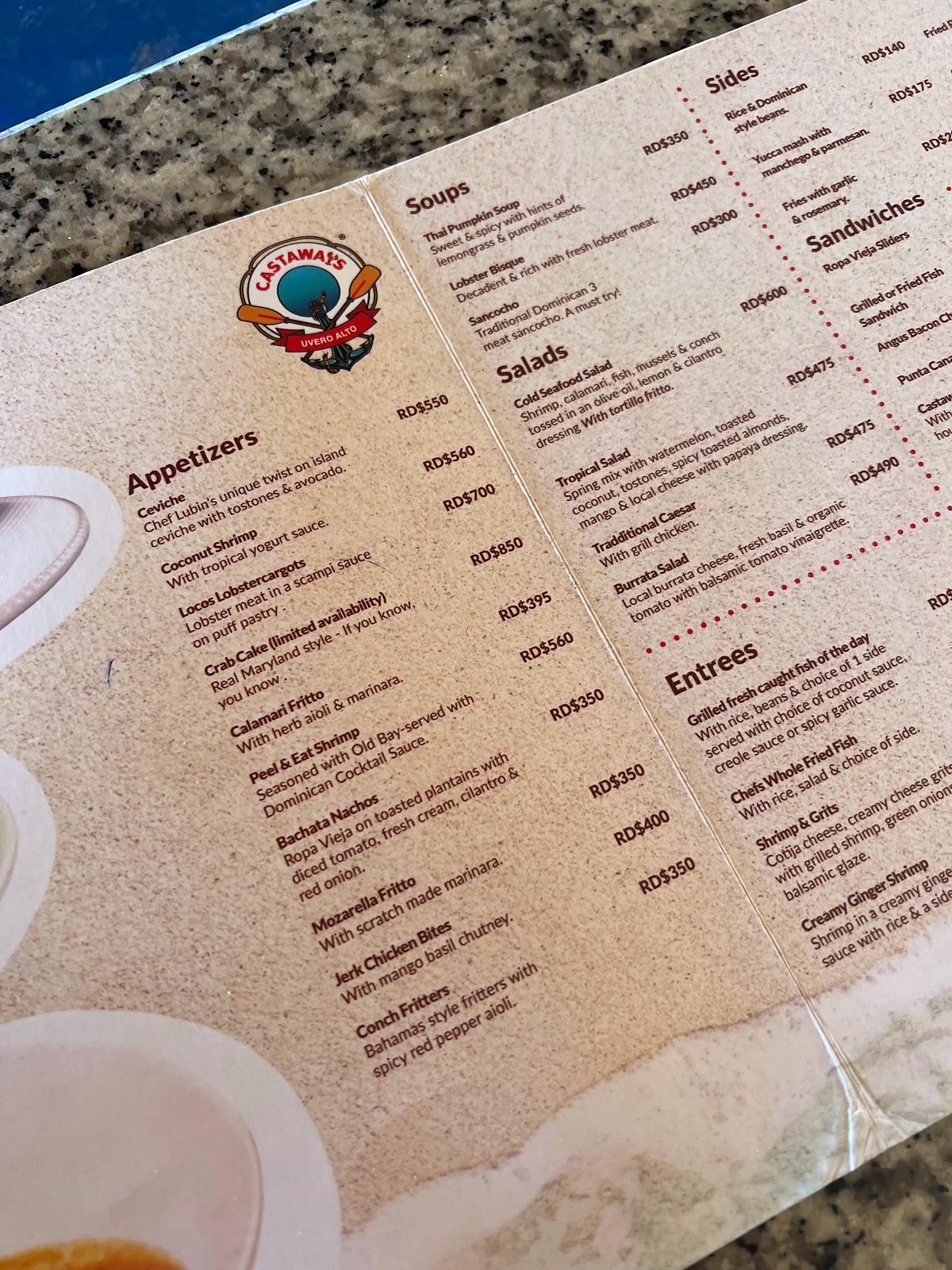 Carta del restaurante Castaways, Punta Cana