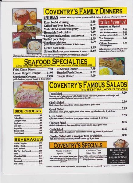 Menu at Coventry Diner restaurant, Akron