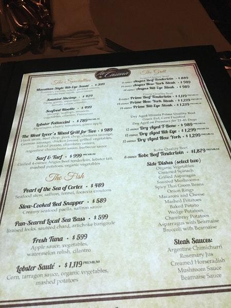 Menu at La Casona restaurant, Cabo San Lucas