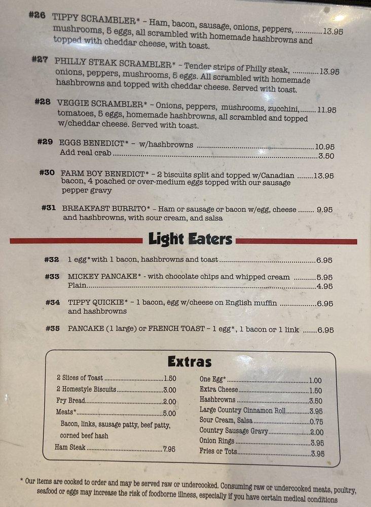 Menu at Tippy cow cafe, Billings