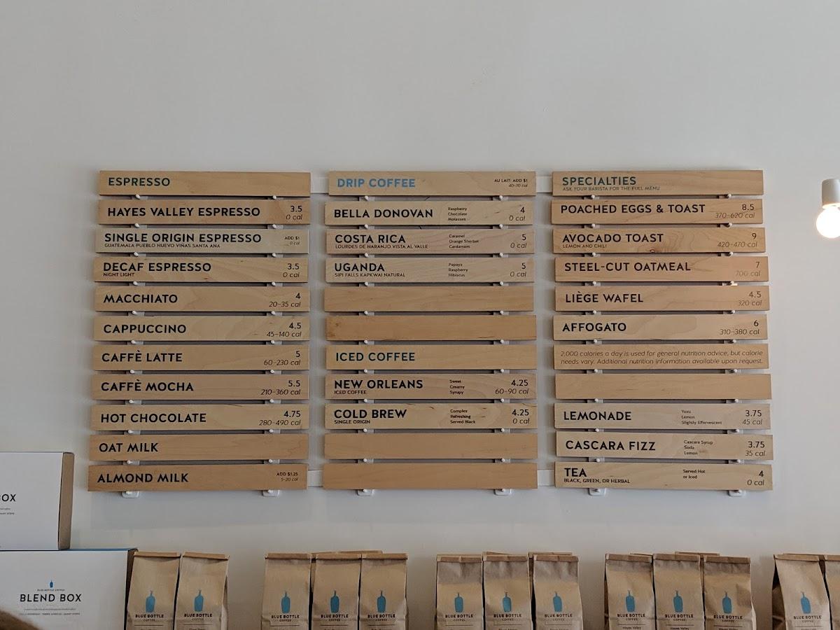 Menu at Blue Bottle Coffee restaurant, Beverly Hills, 132 S Beverly Dr