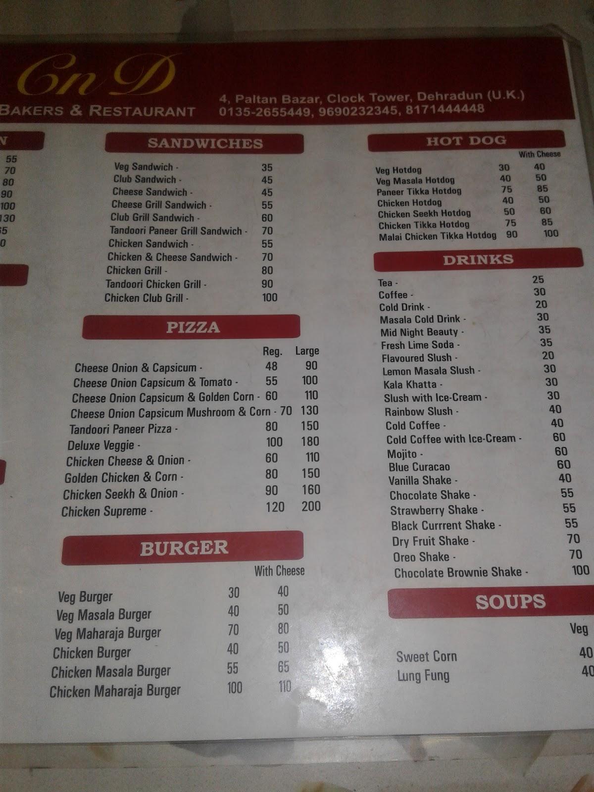 Menu at C & D, Dehradun, 5