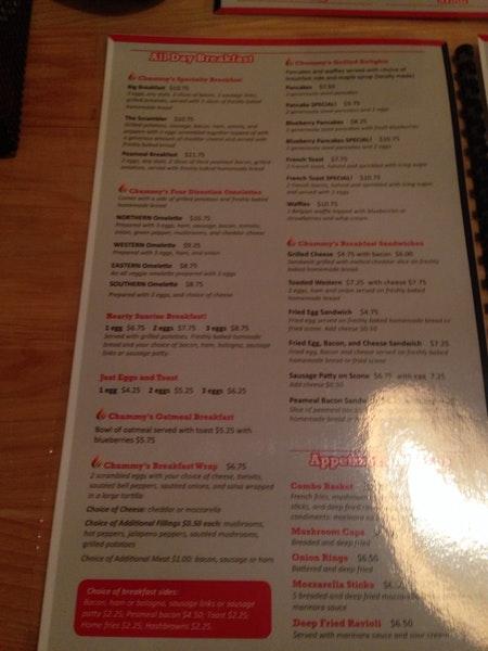 Menu at Chummy's Grill restaurant, Sault Ste. Marie