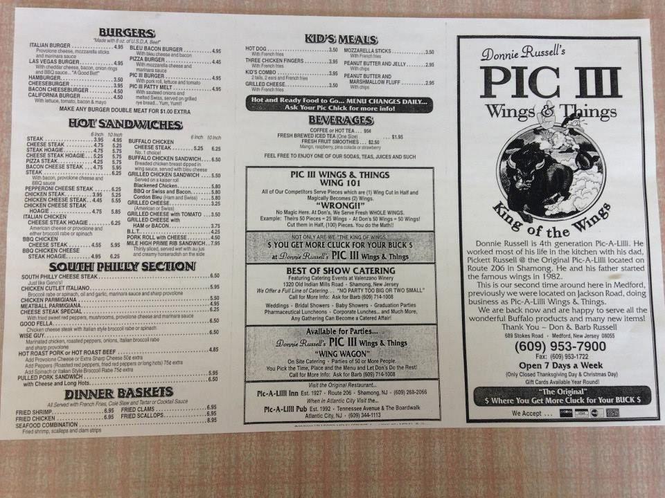 Menu at Donnie Russell's Pic III restaurant, Medford