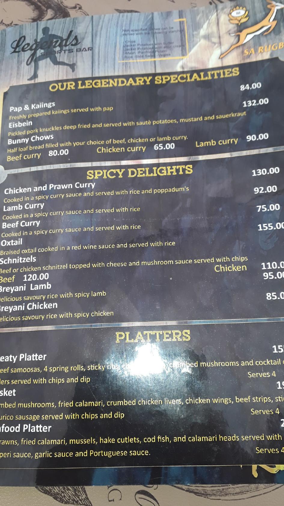 Menu at Papa De La restaurant, Trichardt