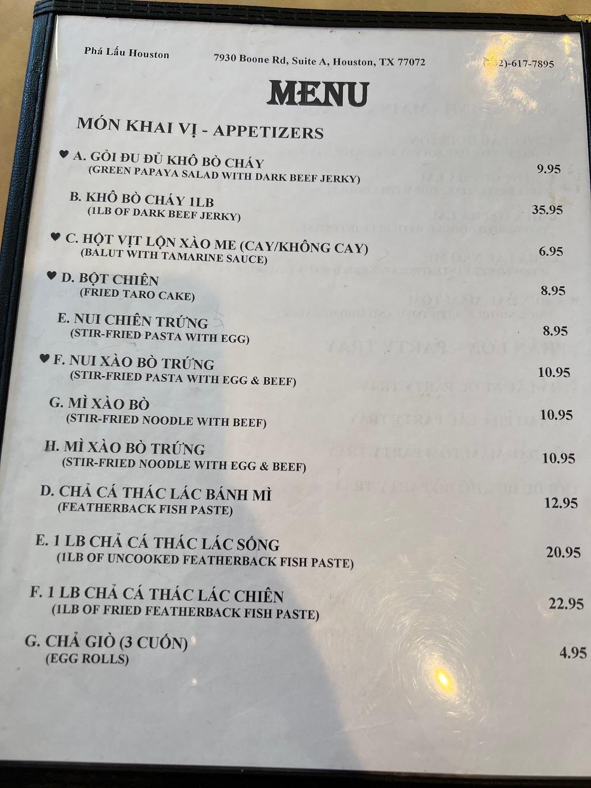 Menu at Pha Lau Houston restaurant, Houston