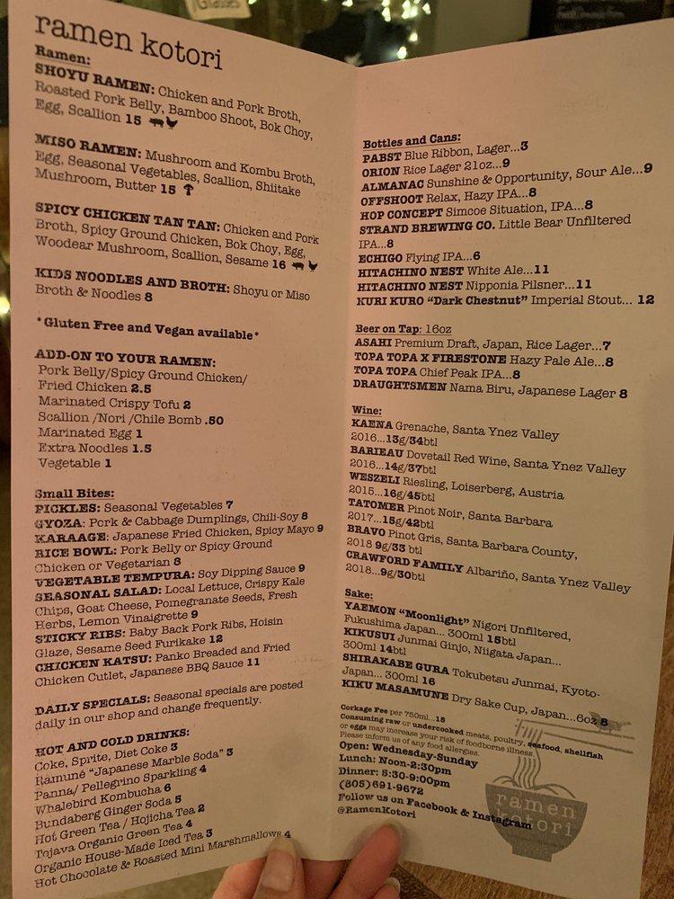 Menu at Ramen Kotori restaurant, Solvang, Copenhagen Dr