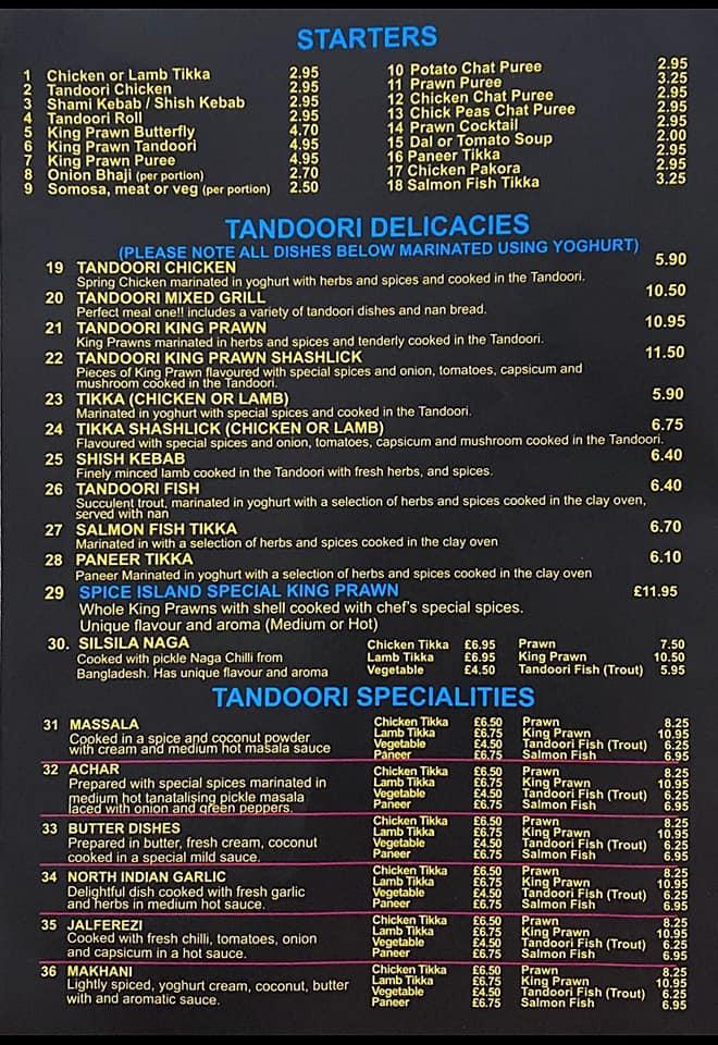 Menu at Spice Island restaurant, London, 204-206 Plumstead Common Rd