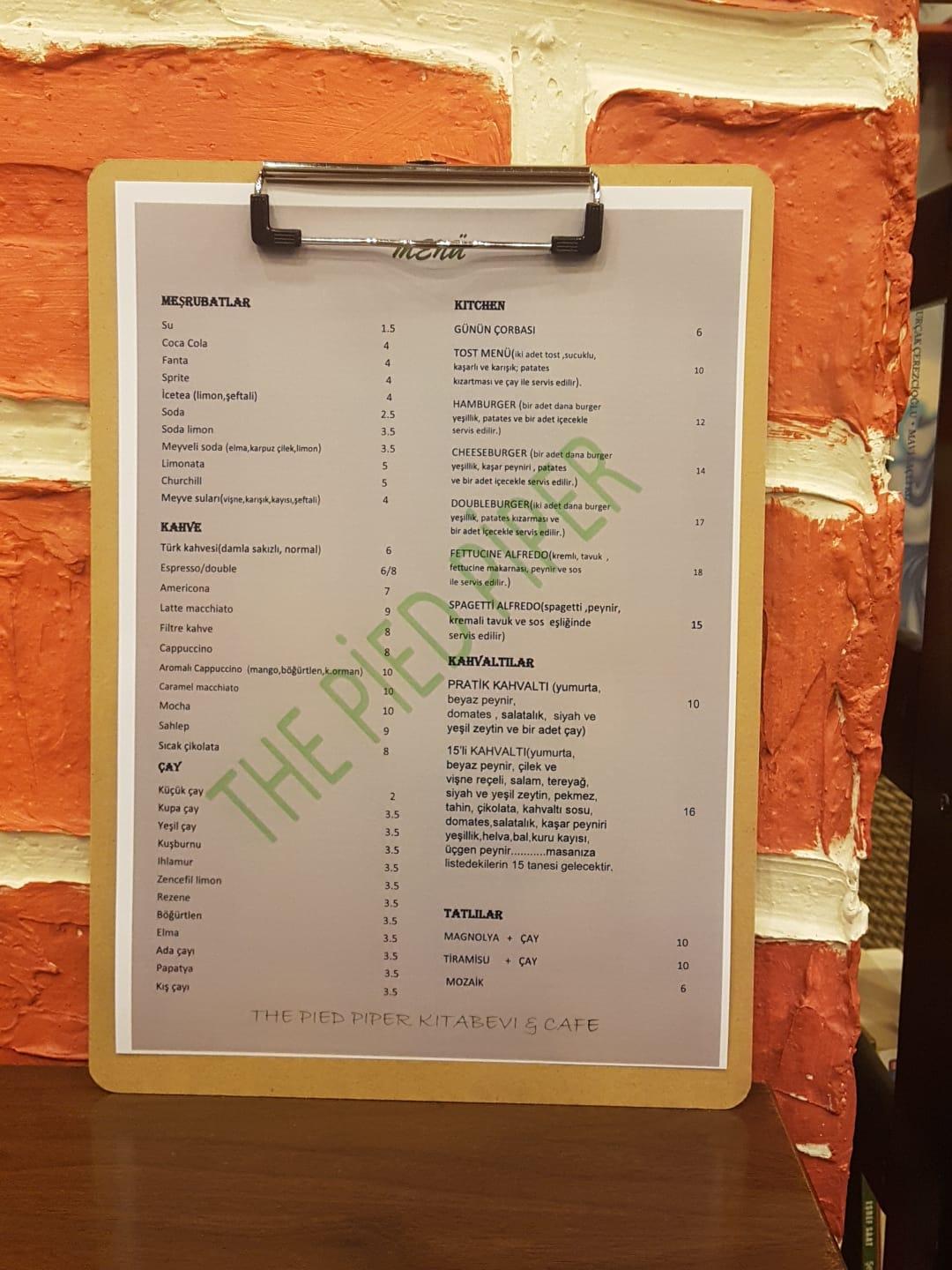Menu at The Pied Piper Kitabevi & Cafe, Ankara, Onur Sk. No:57