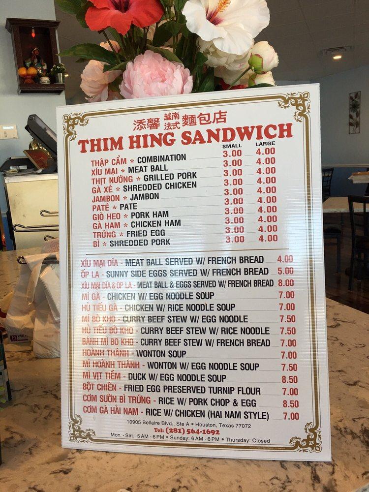 Menu at Thim Hing Sandwich restaurant, Houston