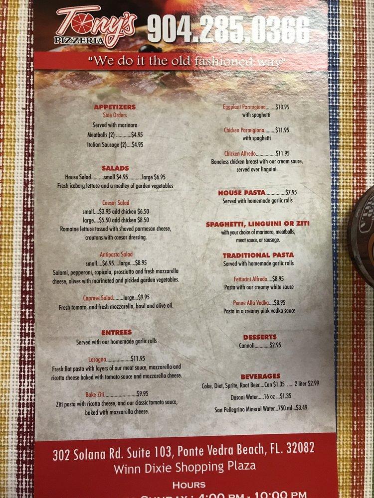 Menu at Tony's Pizza pizzeria, Ponte Vedra Beach, 302 Solana Rd #103