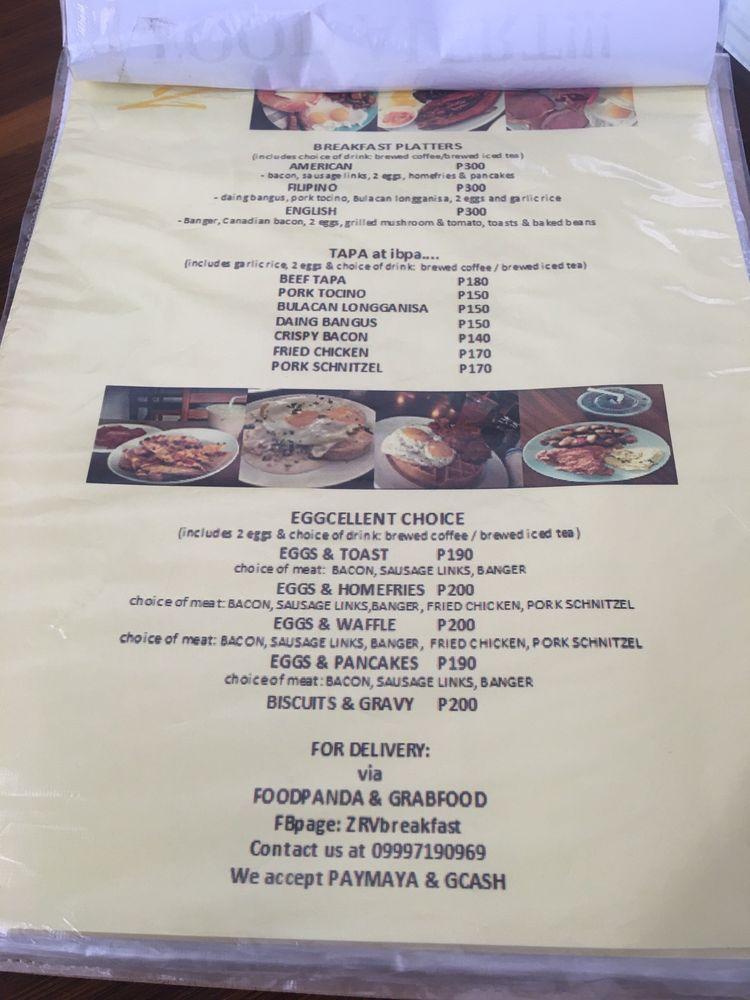 Menu at ZRV Breakfast and Coffee cafe, Angeles