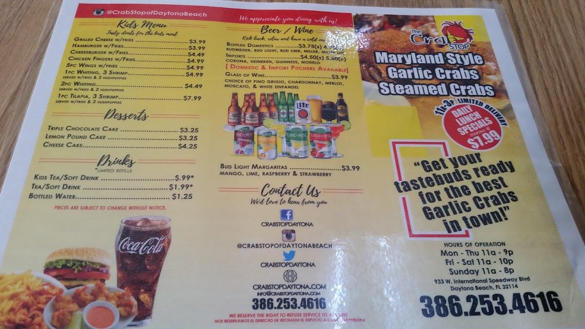 Menu at Crab Stop II restaurant, Daytona Beach