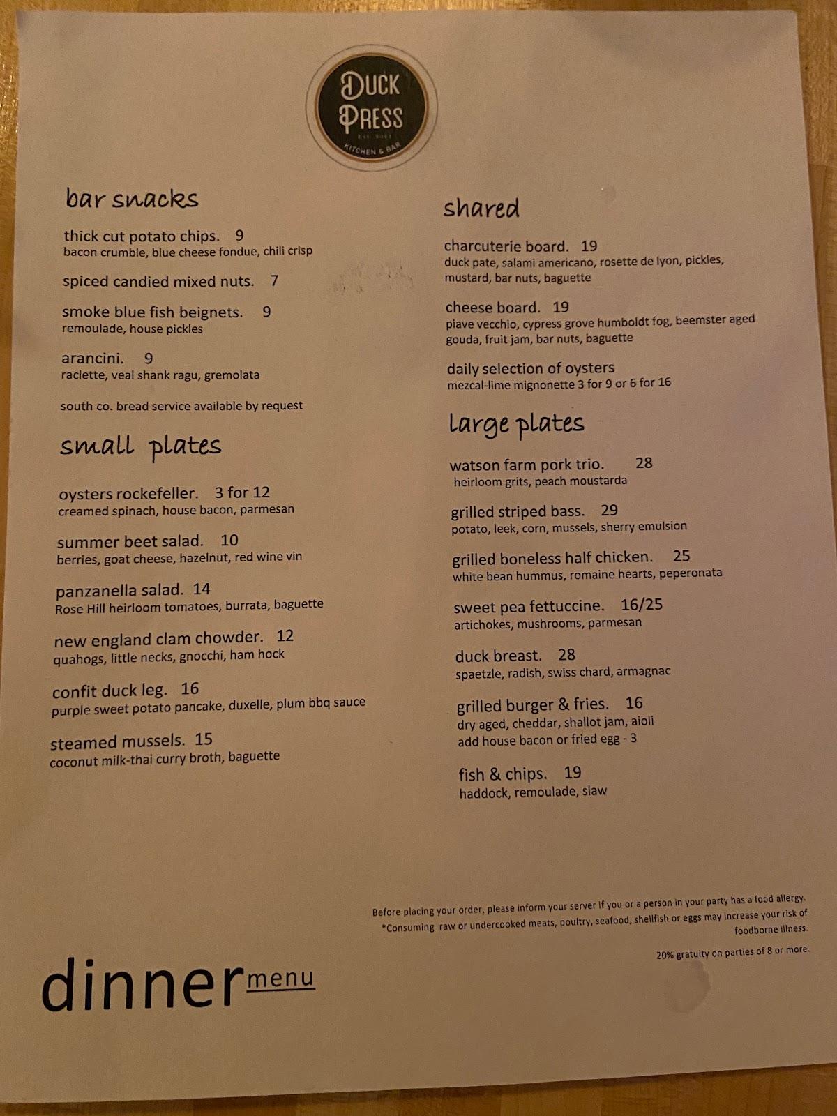 Menu at Duck Press pub & bar, South Kingstown