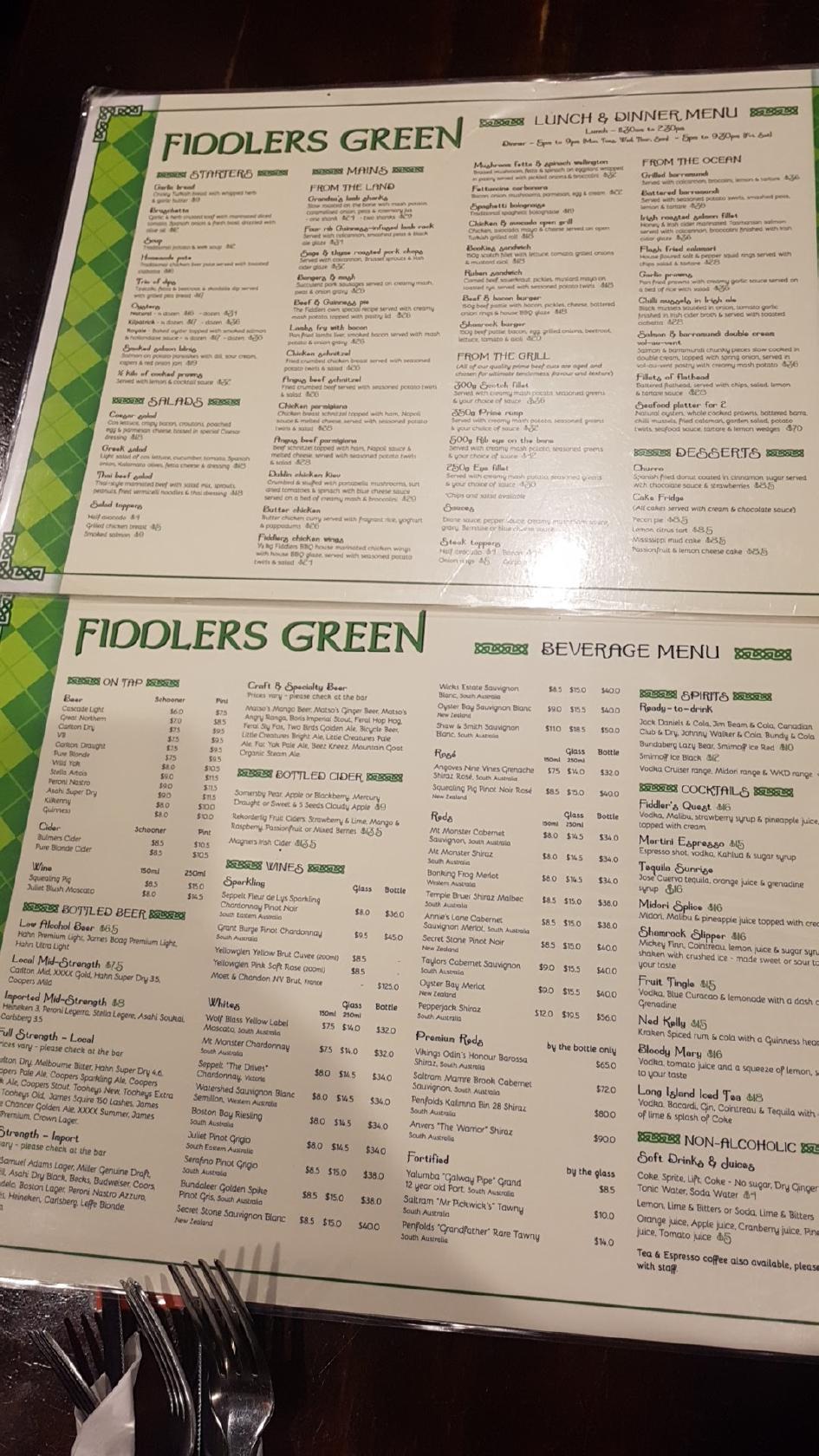 Menu at Fiddlers Green pub & bar, Darwin City, 19 Kitchener Dr
