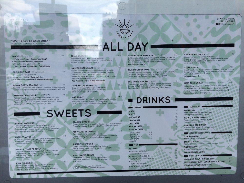 Menu at Humble Rays cafe, Carlton