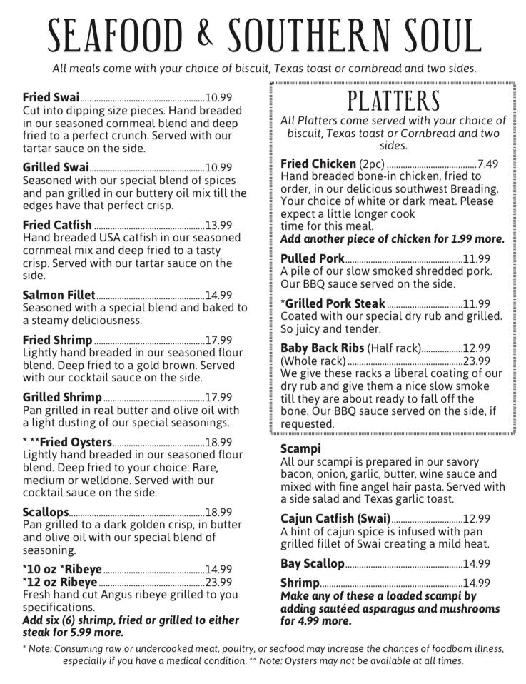 Menu at Southern Roots restaurant, Perryville