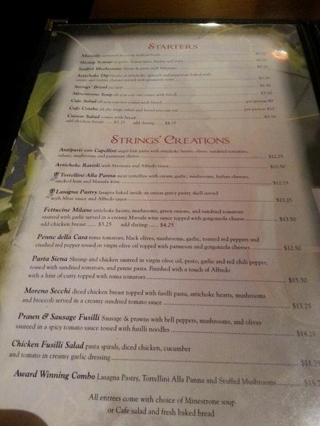 Menu at Strings Italian Cafe, Yreka