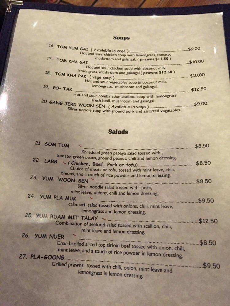 Menu at Thai Spice restaurant, Pinole