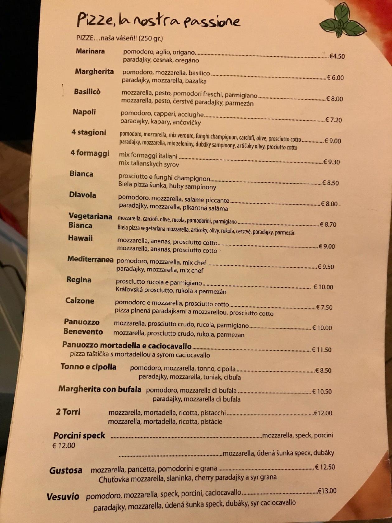 Menu at Basilico restaurant, Bratislava, Dunajská 25