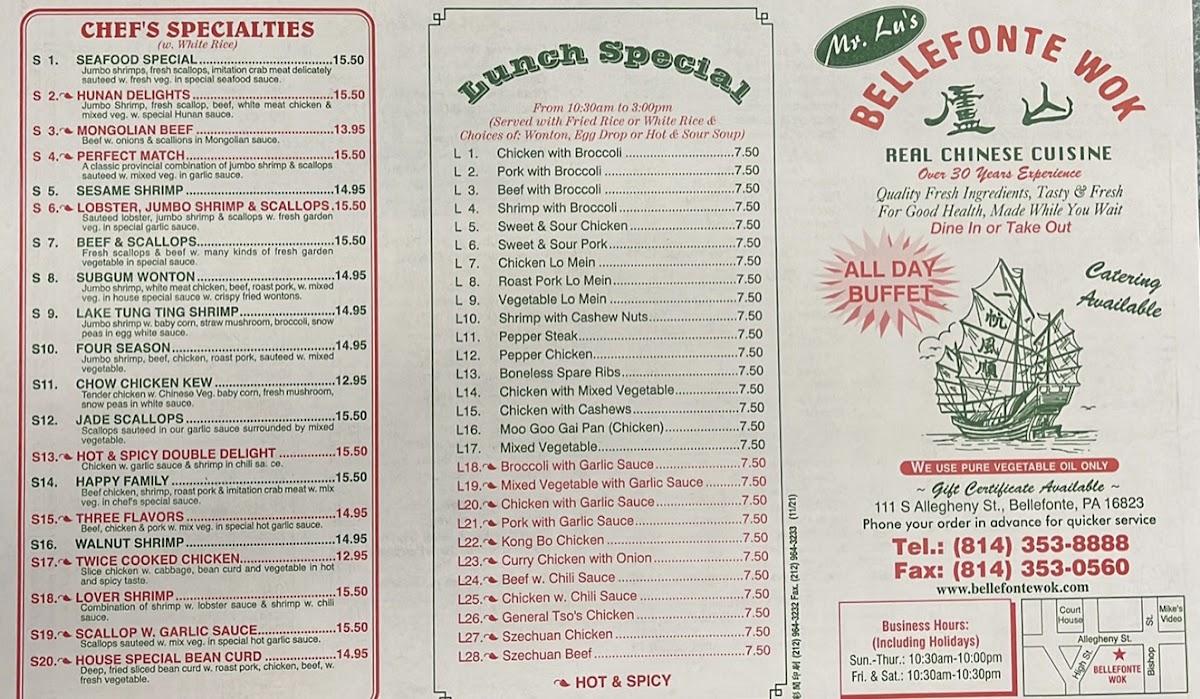 Menu at Bellefonte Wok restaurant, Bellefonte