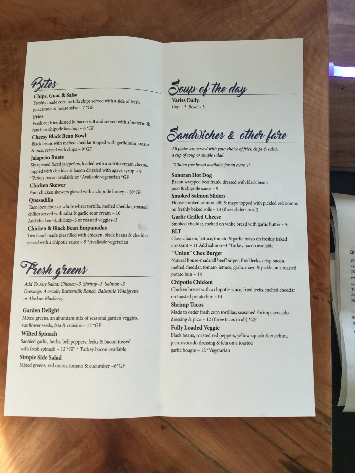 Menu at Blue Roof Bistro cafe, Fairbanks