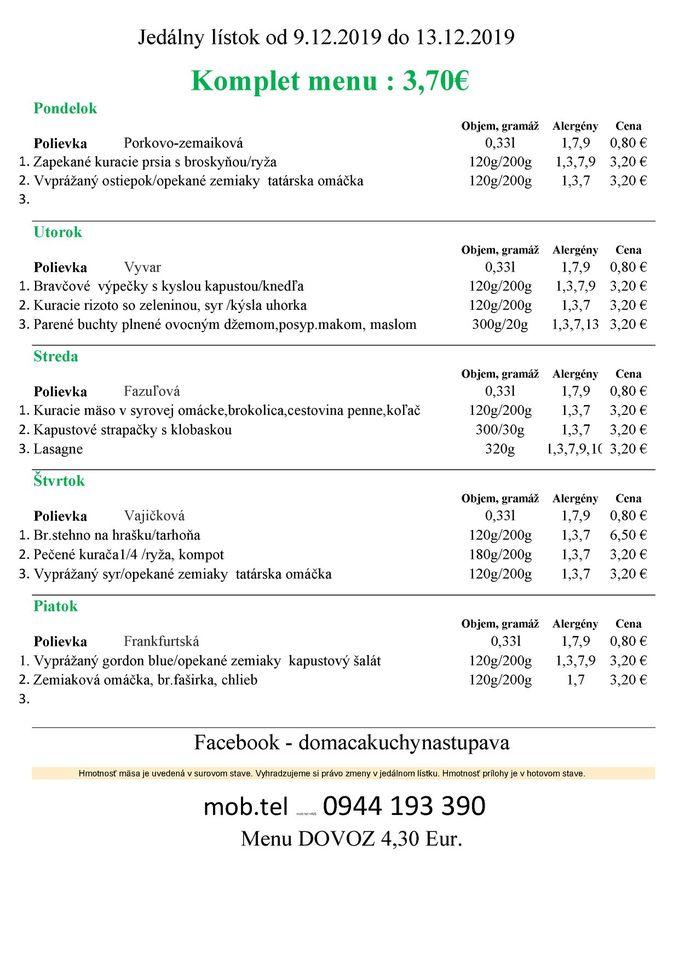 Menu at Domáca Kuchyňa restaurant, Stupava