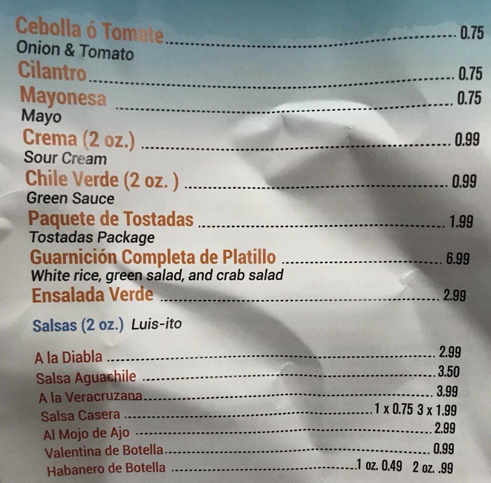 Menu at Mariscos Luis restaurant, Chicago, W 47th St
