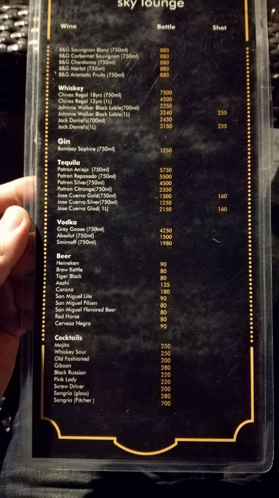 Menu at Monarch sky lounge pub & bar, Davao City