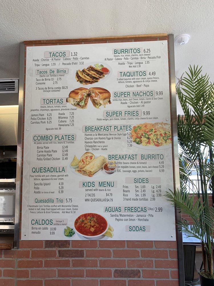 Menu at Navarro’s Taqueria restaurant, Santa Ana