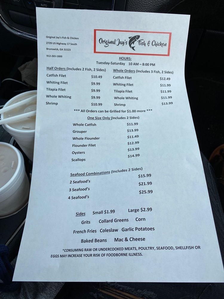 Menu at Original Jay's Fish & Chicken restaurant, Brunswick