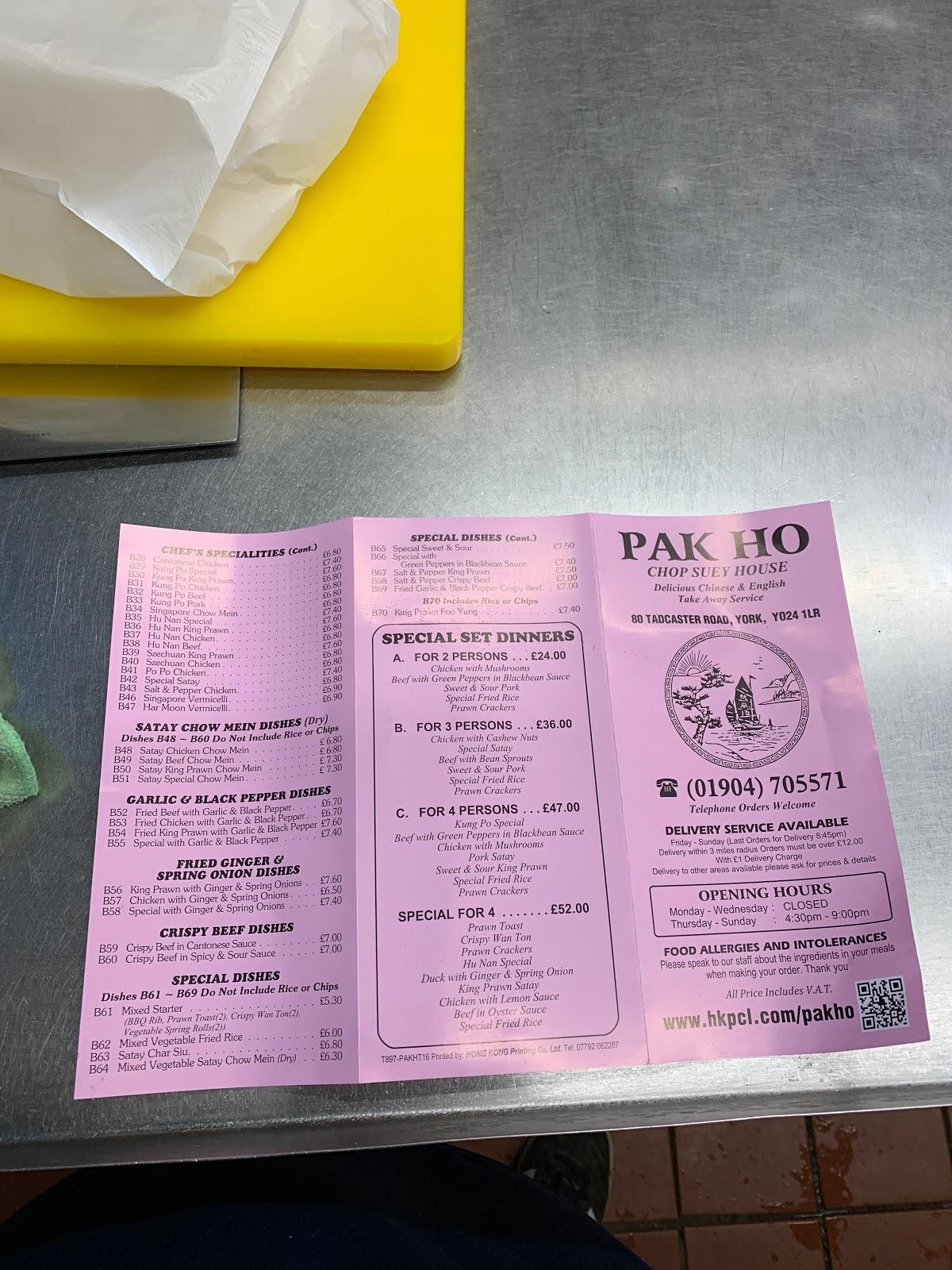 Menu at Pak Ho Chop Suey fast food, York