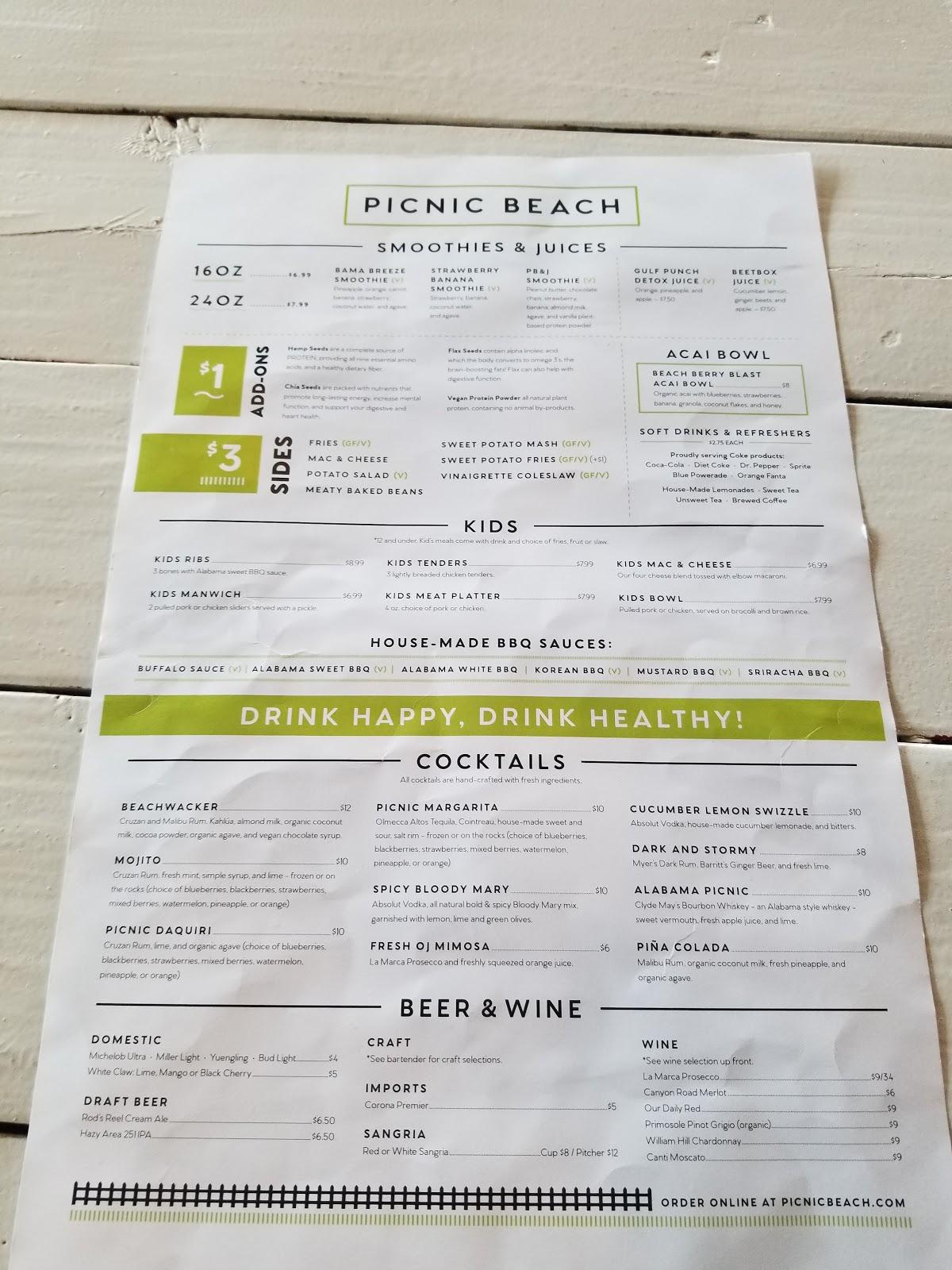 Menu at Picnic Beach pub & bar, Gulf Shores