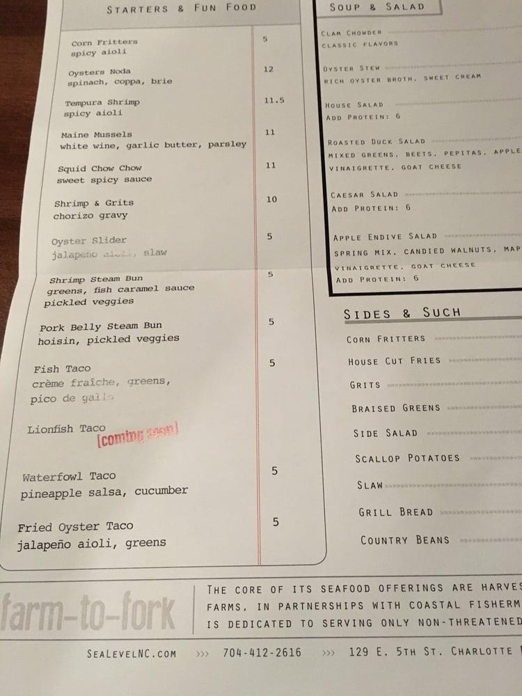 Menu at Sea Level NC pub & bar, Charlotte