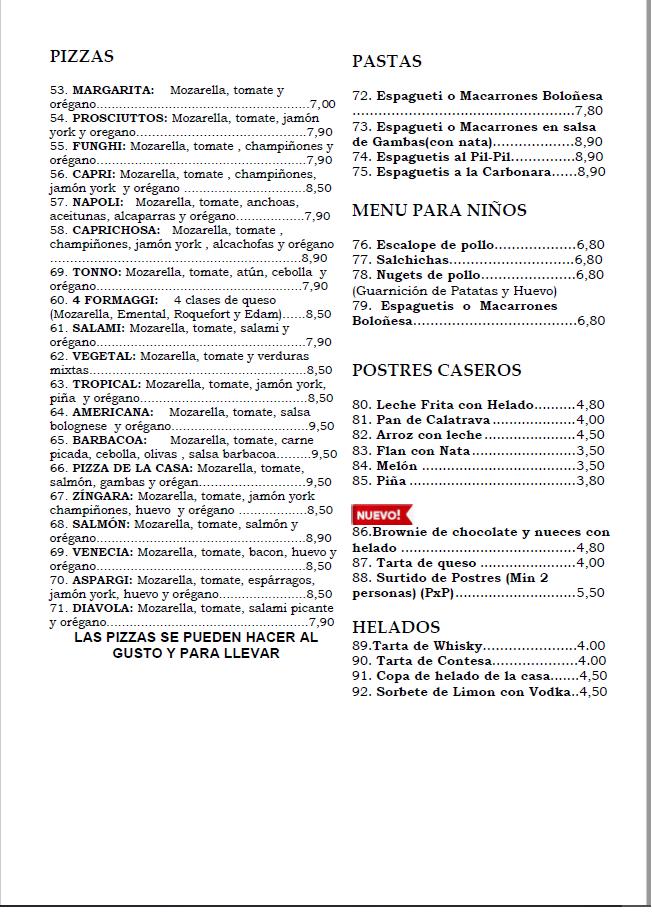 Menu at Chiringuito Oasis restaurant, Roquetas de Mar