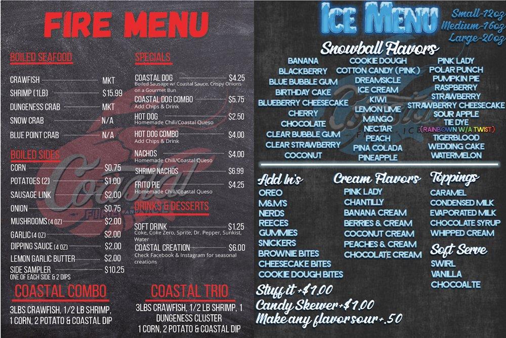 Menu at Coastal Fire And Ice restaurant, Broussard, Ambassador Caffery Pkwy