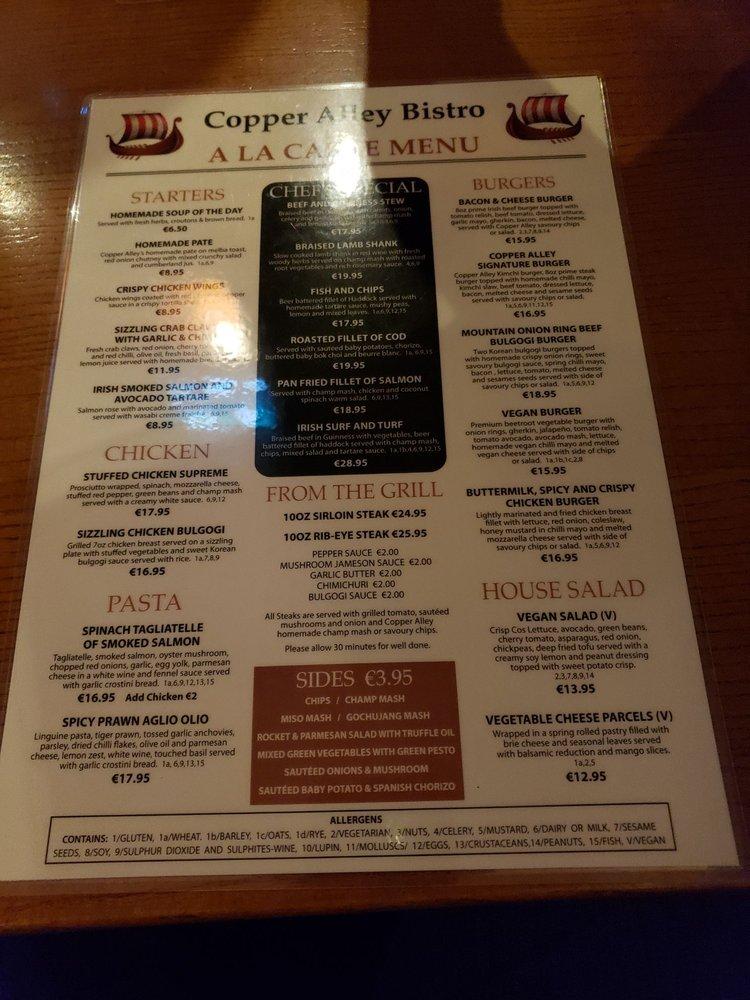 Menu at Copper Alley Bistro restaurant, Dublin