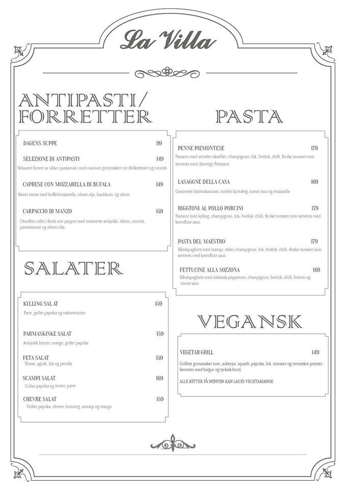 Menu at La Villa Restaurant, Oslo