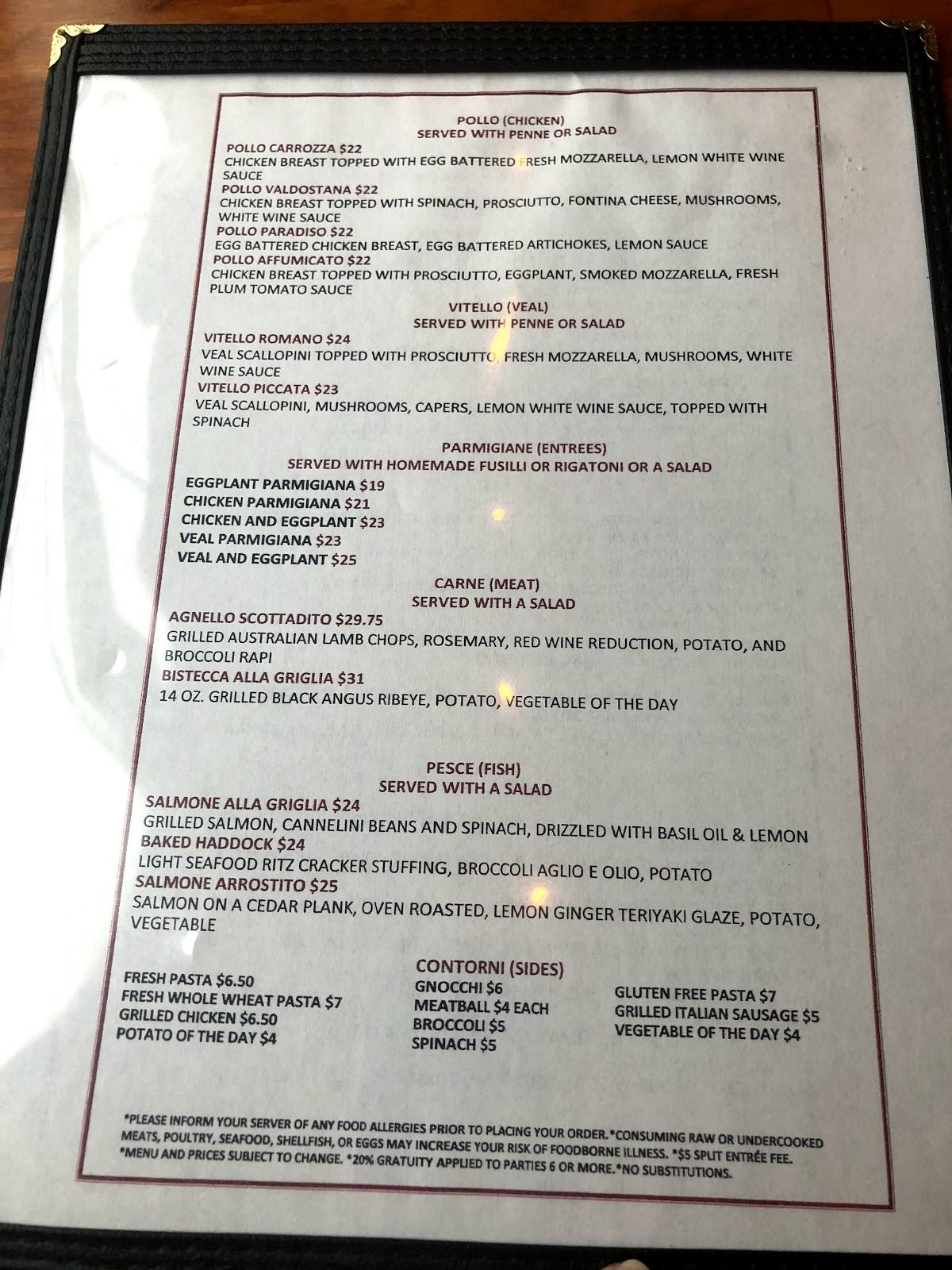 Menu at Paradiso Ristorante restaurant, Swampscott