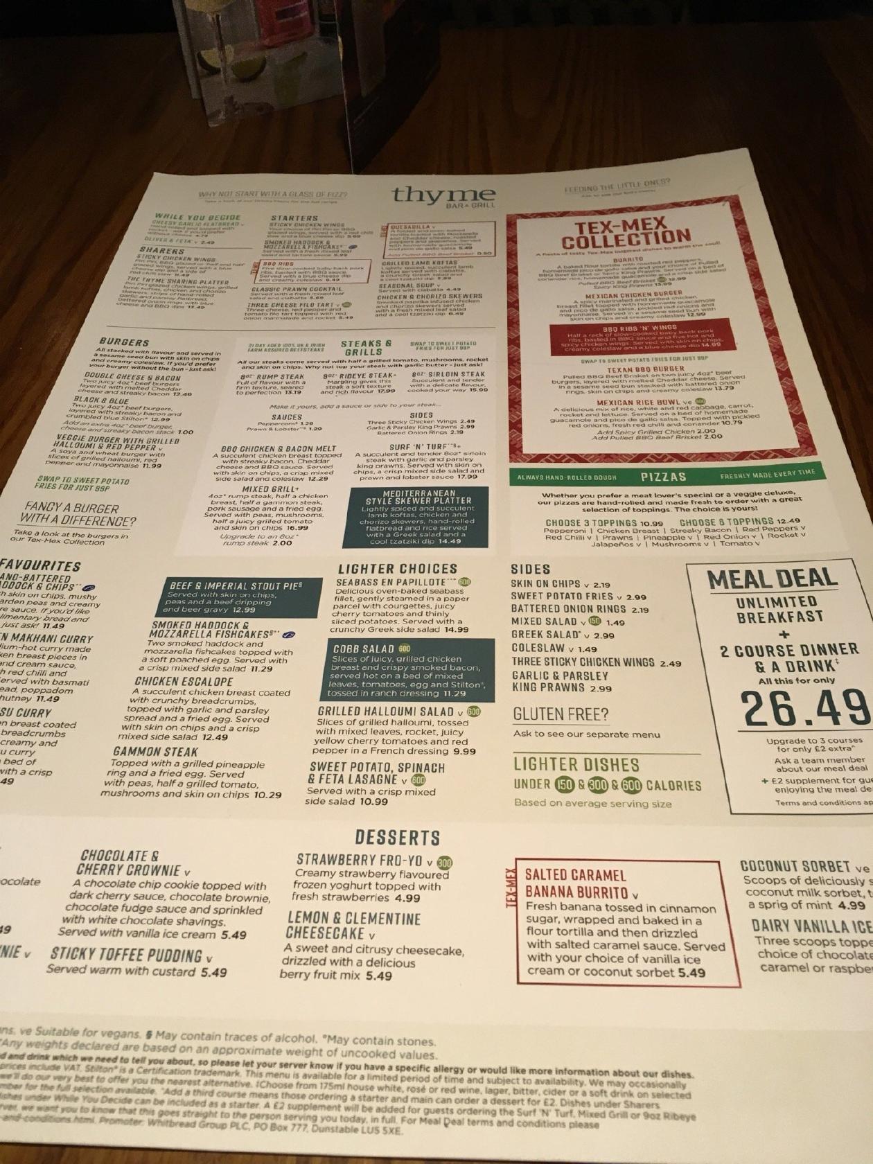 Menu at Premier Inn restaurant, London