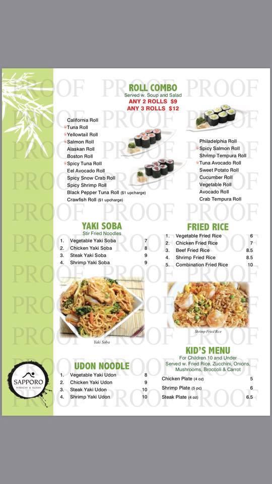 Menu at Sapporo Sushi Steakhouse of Mayfield, Mayfield