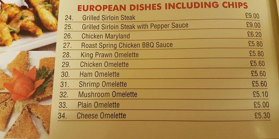 Menu at The New Oriental restaurant, Stirling