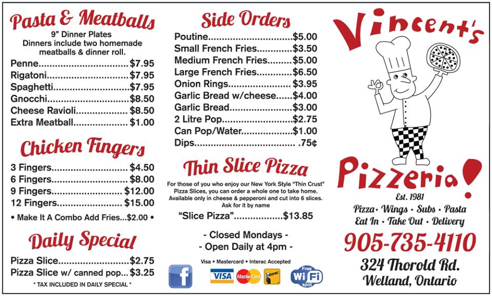 Menu at Vincent's Pizzeria, Welland