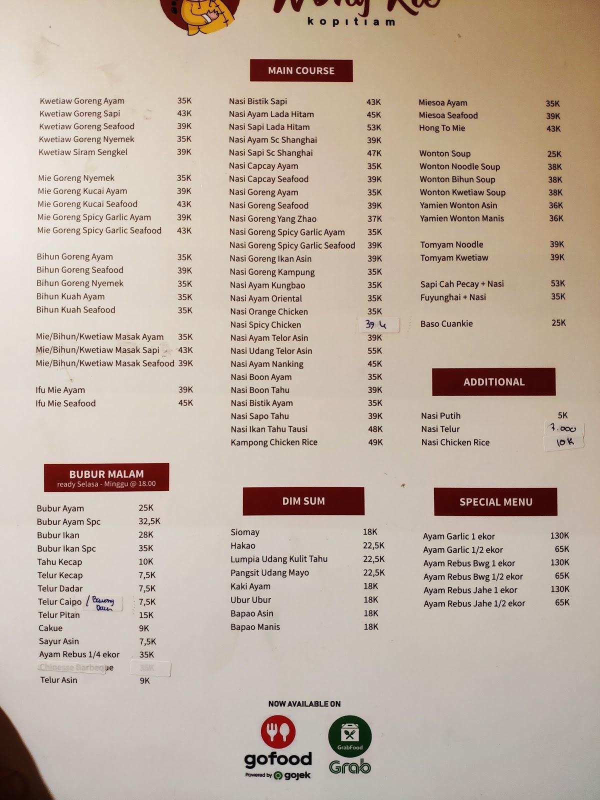 Menu at Wong Kie Kopitiam restaurant, Bandung