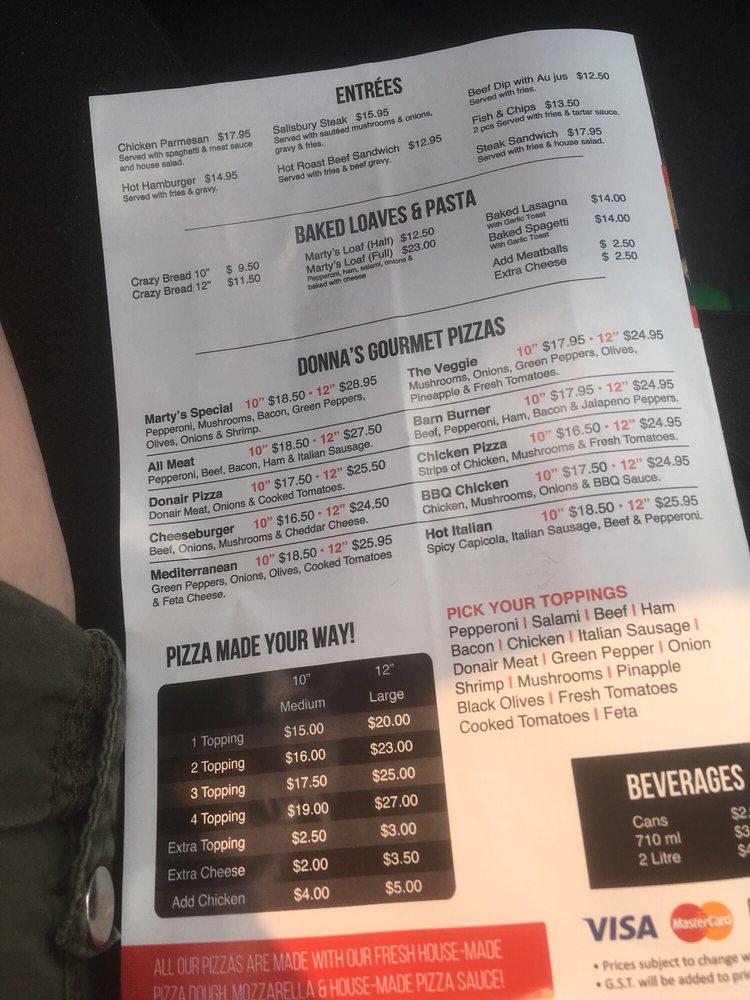 Menu at Donna's Eatery pizzeria, Edmonton, 115 Ave NW