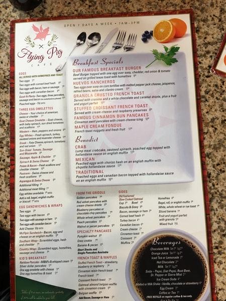 Menu at Flying Pig Cafe, Miller Place