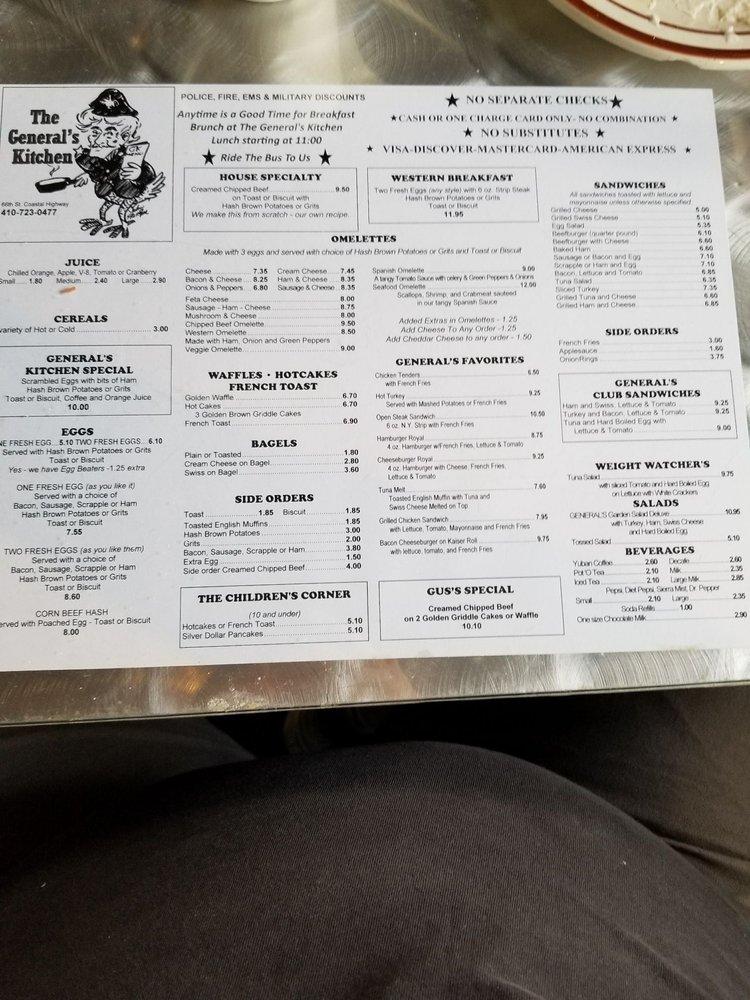 Menu at General's Kitchen restaurant, Ocean City
